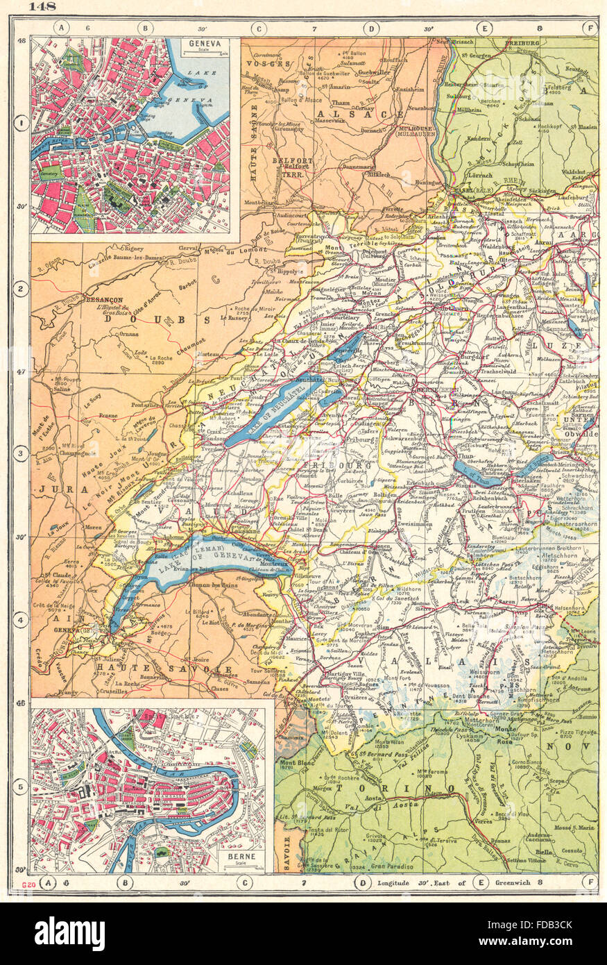 SWITZERLAND WEST: inset plans of Geneva Genf & Berne Bern. HARMSWORTH ...