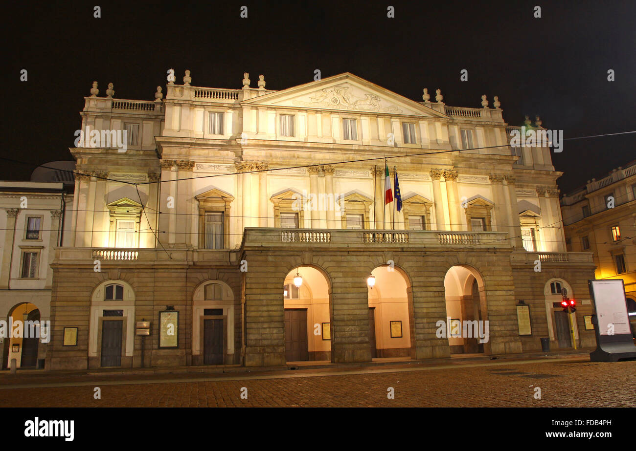 La Scala opera house in night. Milan, Italy. The most famous Italian ...