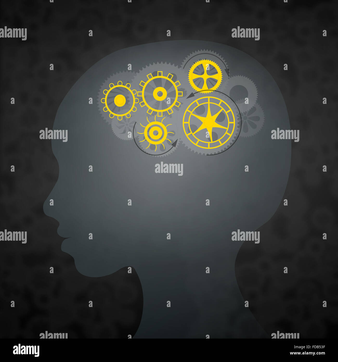 Silhouette of male head with gears in brain Stock Photo - Alamy