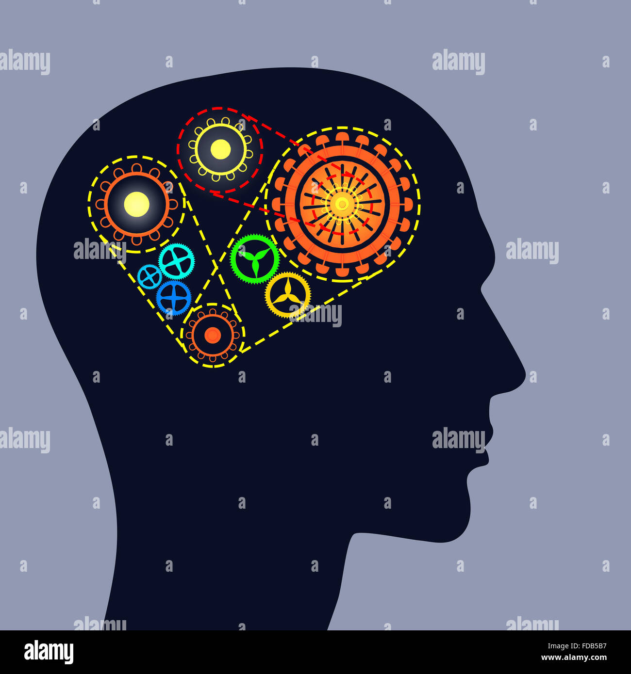 Silhouette of male head with gears in brain Stock Photo - Alamy