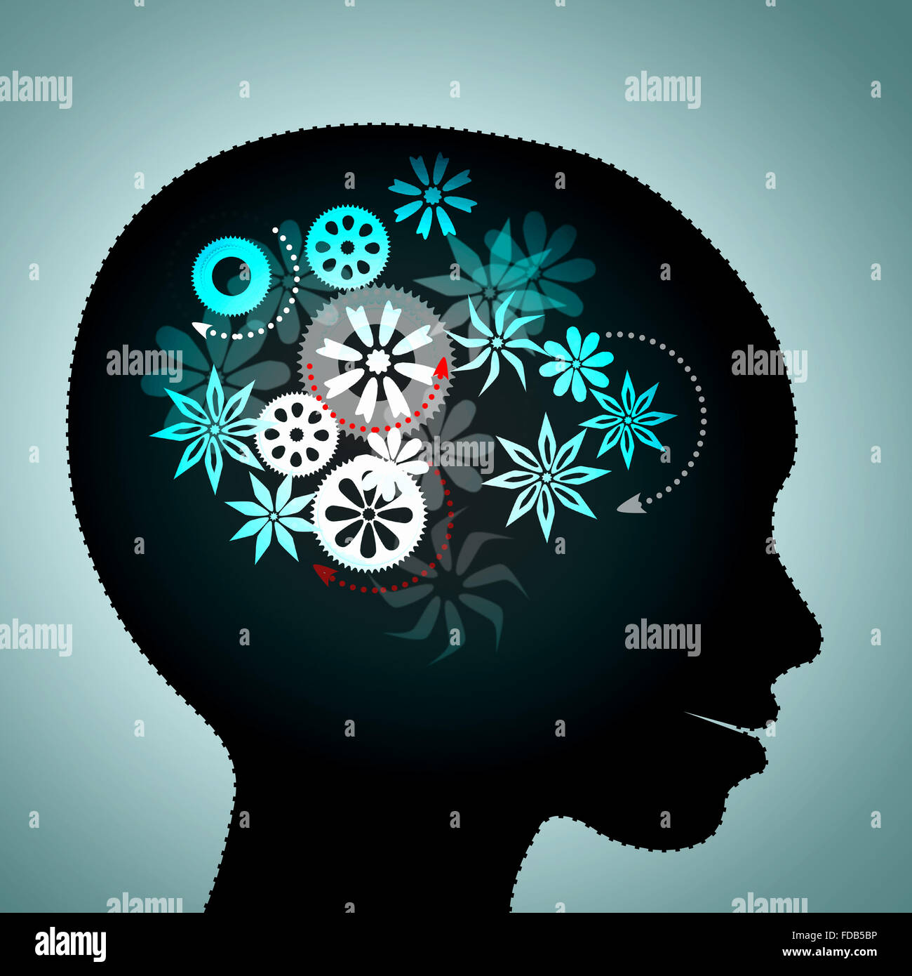 Silhouette of male head with gears in brain Stock Photo - Alamy