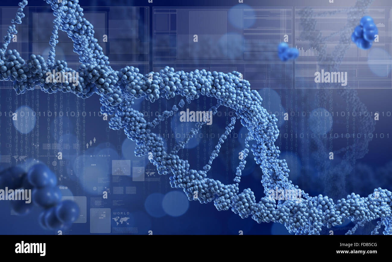 Biochemistry science concept with DNA molecules on blue background ...