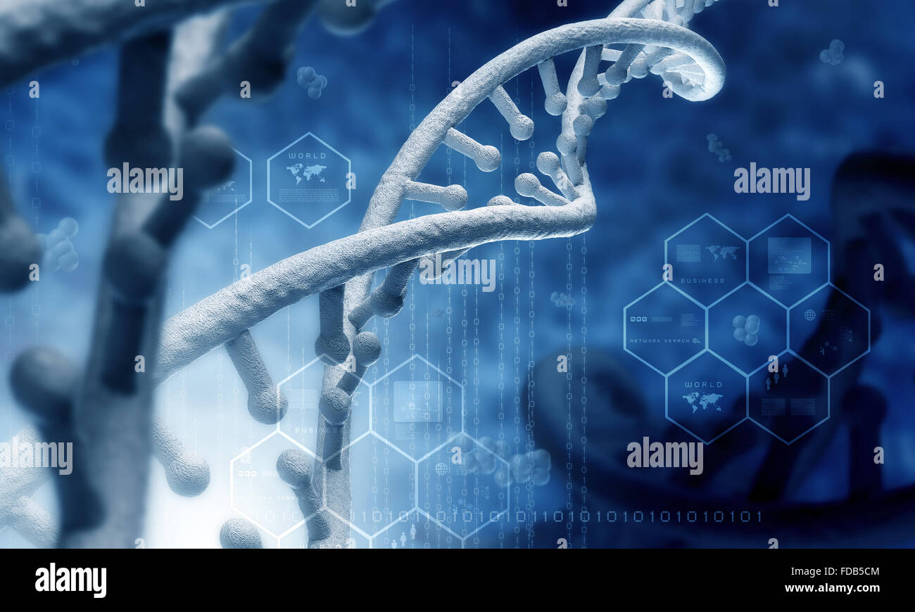 Biochemistry science concept with DNA molecules on blue background ...
