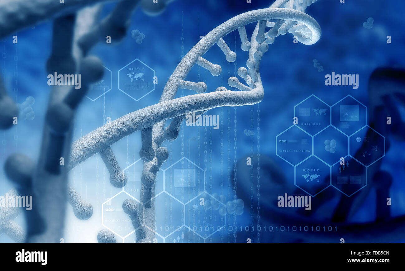 Biochemistry science concept with DNA molecules on blue background ...