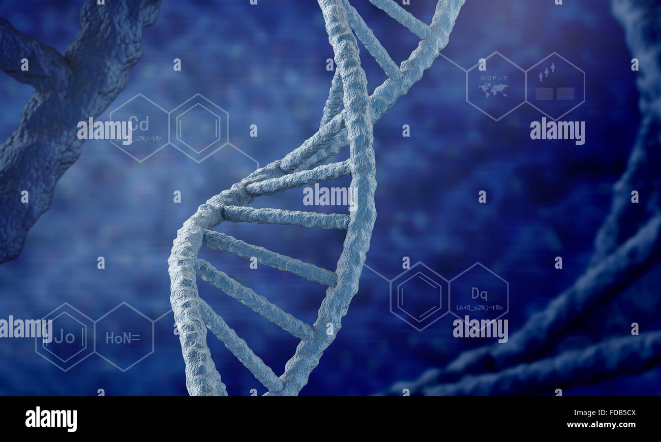 Biochemistry science concept with DNA molecules on blue background ...