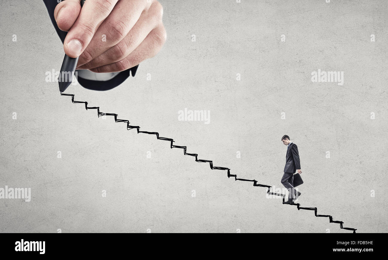 Businessman climbing up hand drawn staircase as symbol of career rise ...