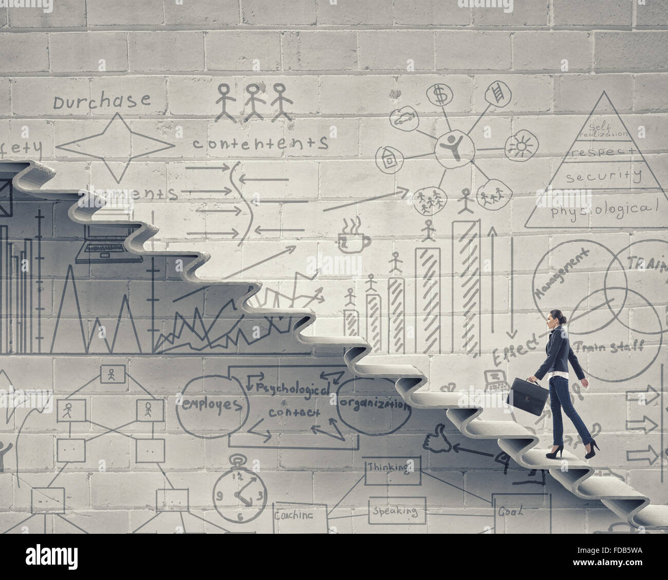 Businesswoman climbing up staircase as symbol of career rise Stock Photo - Alamy