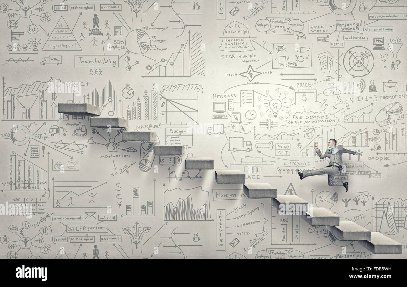 Businessman climbing up staircase as symbol of career rise Stock Photo ...