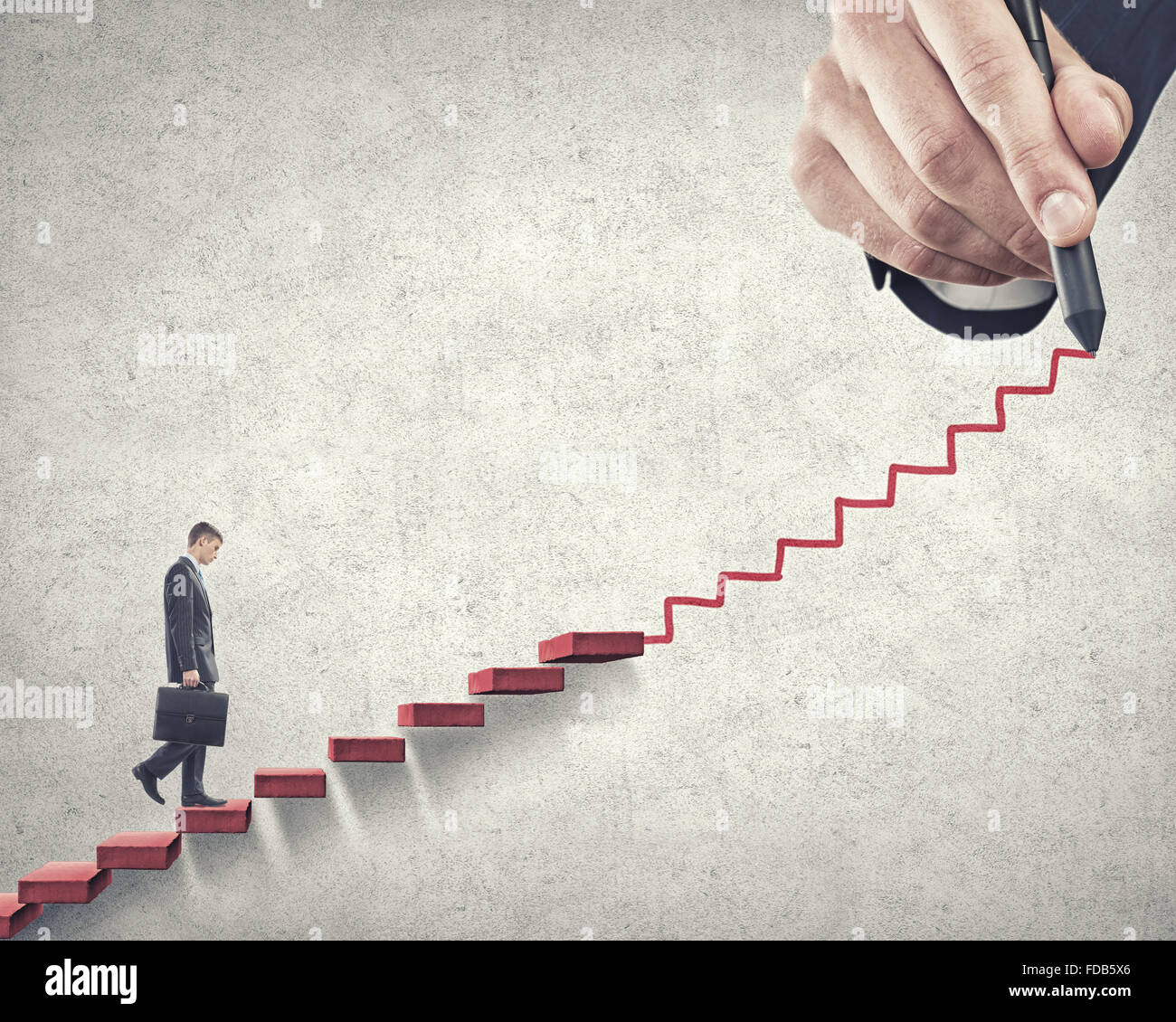 Businessman climbing up hand drawn staircase as symbol of career rise ...