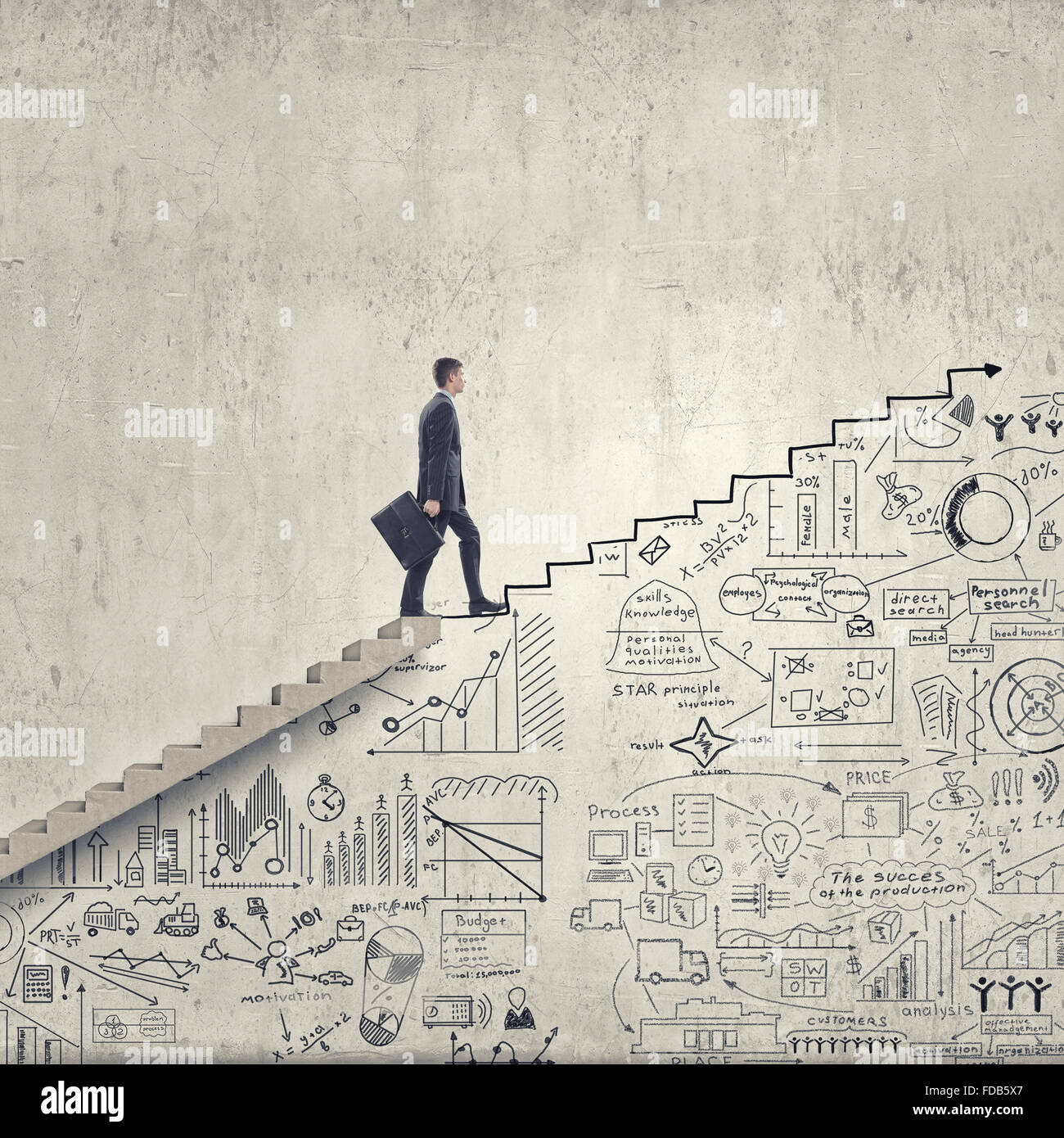 Businessman climbing up hand drawn staircase as symbol of career rise ...