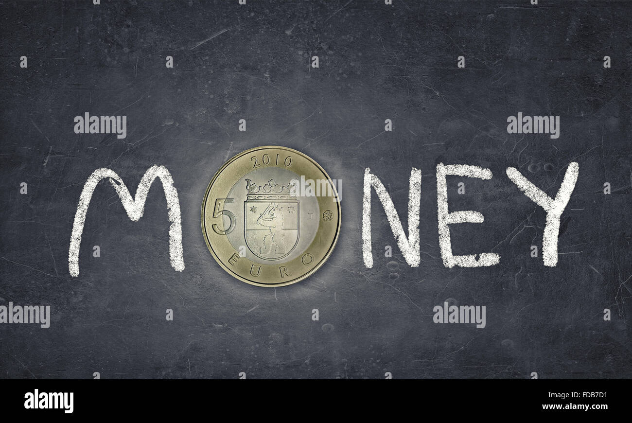 Word money with fife euro coin instead of letter O Stock Photo - Alamy