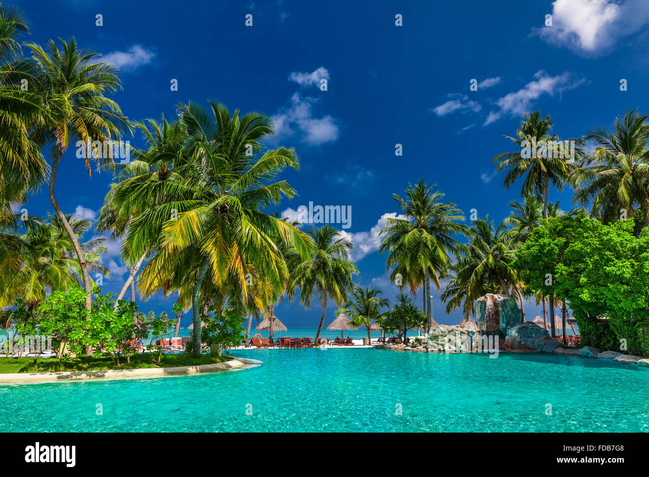Large infinity swimming pool on the tropical beach with palm trees and ...