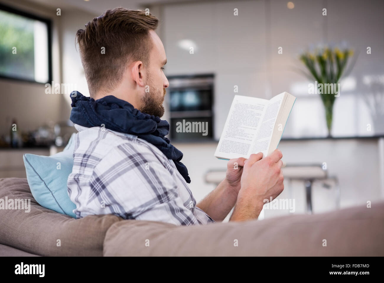 Handsome man reading a book on the couch Stock Photo - Alamy