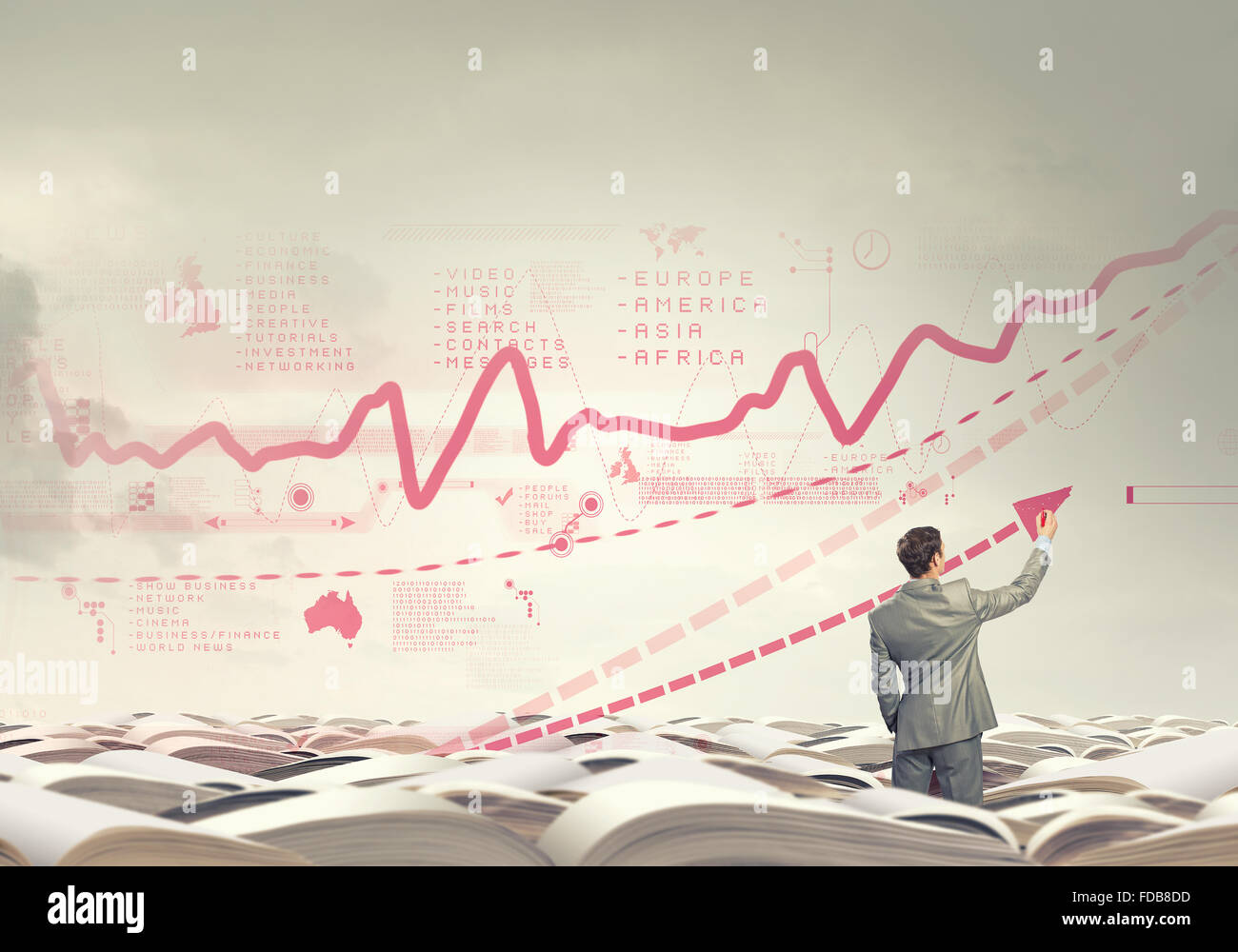 Back view of businessman drawing increasing graph on wall Stock Photo ...