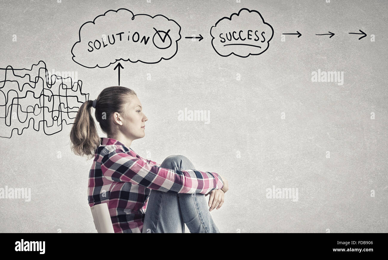 Pretty young woman making decision with arrows above her head Stock ...