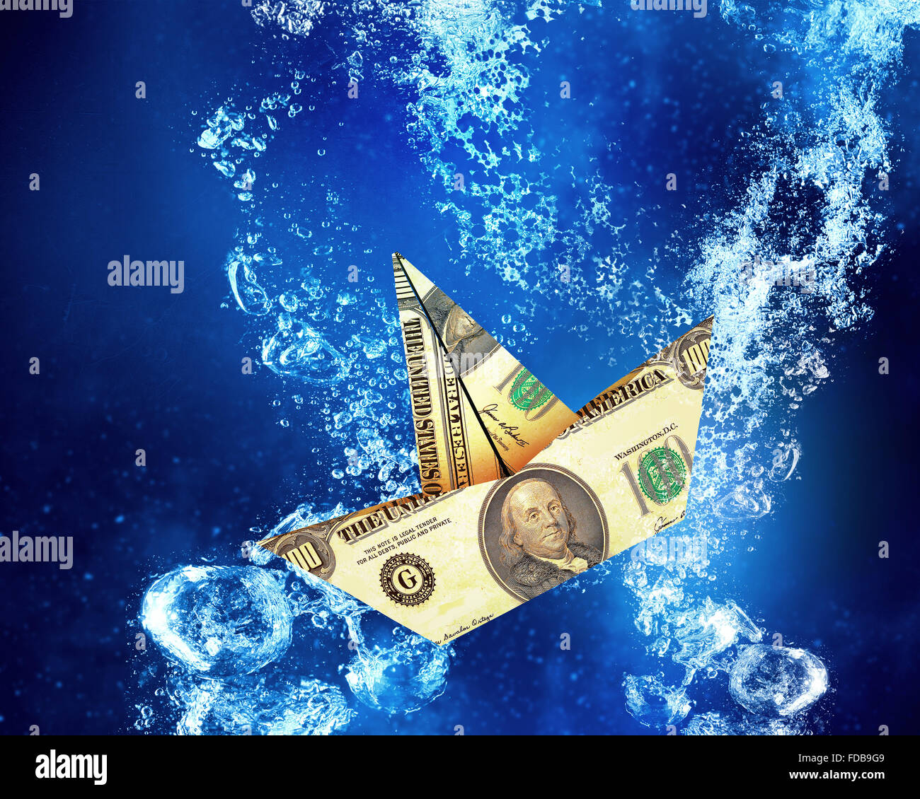 Dollar banknote ship sinking in clear blue water Stock Photo - Alamy