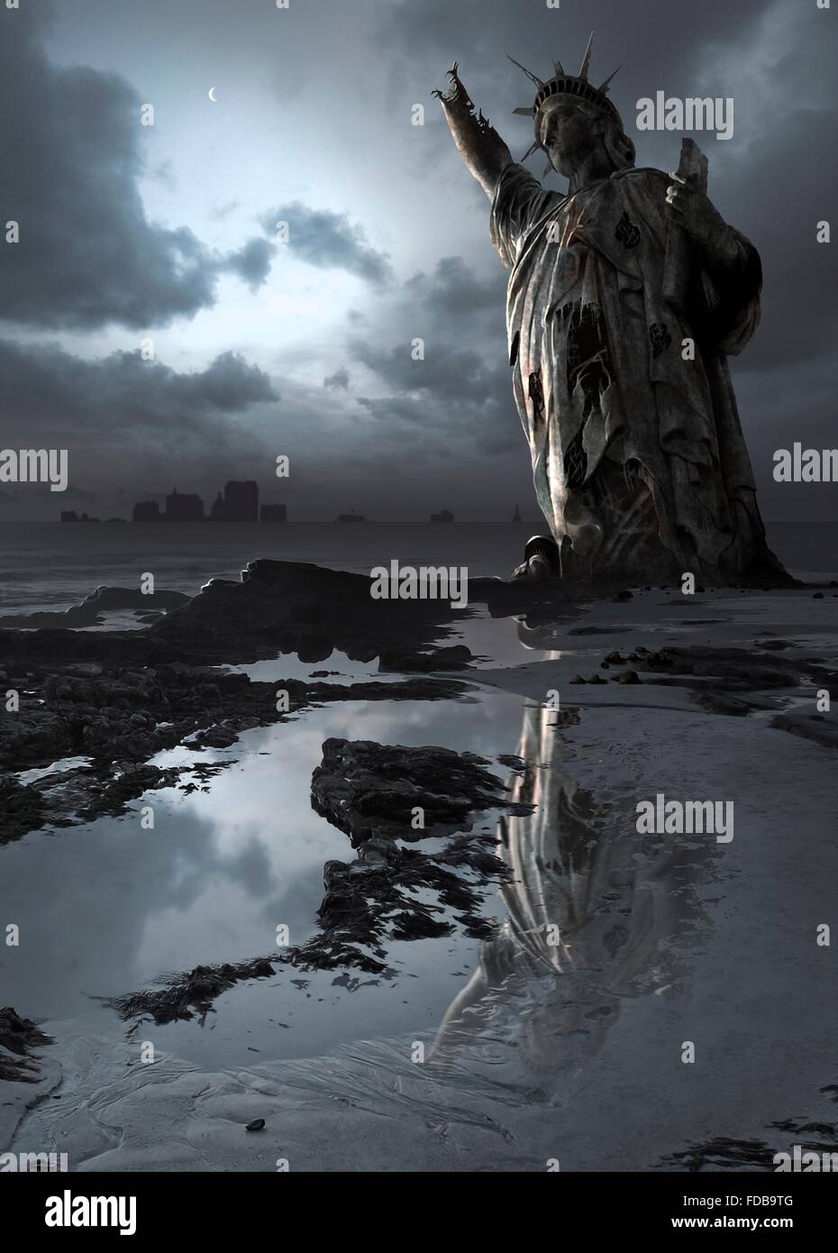 Global warming. Computer artwork of the Statue of Liberty, New York ...