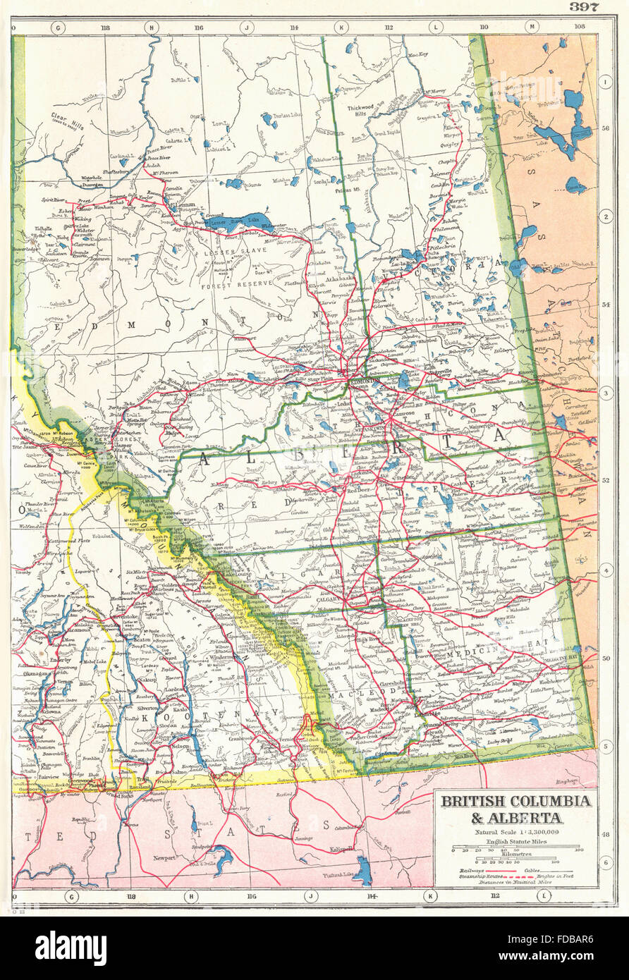 ALBERTA: Showing railways & part of British Columbia. Canada, 1920 ...