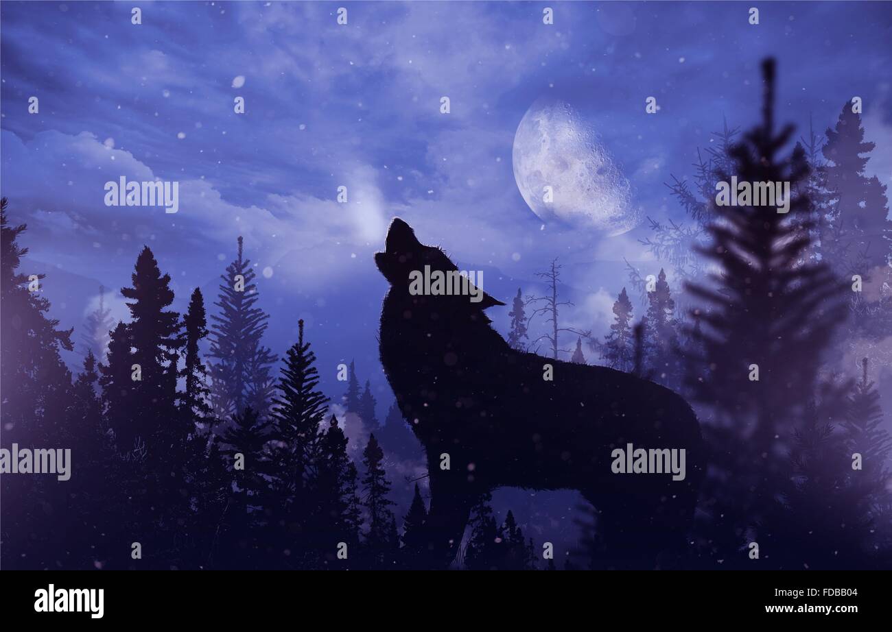 Howling Wolf in Wilderness. Mountain Landscape with Falling Snow, Moon ...