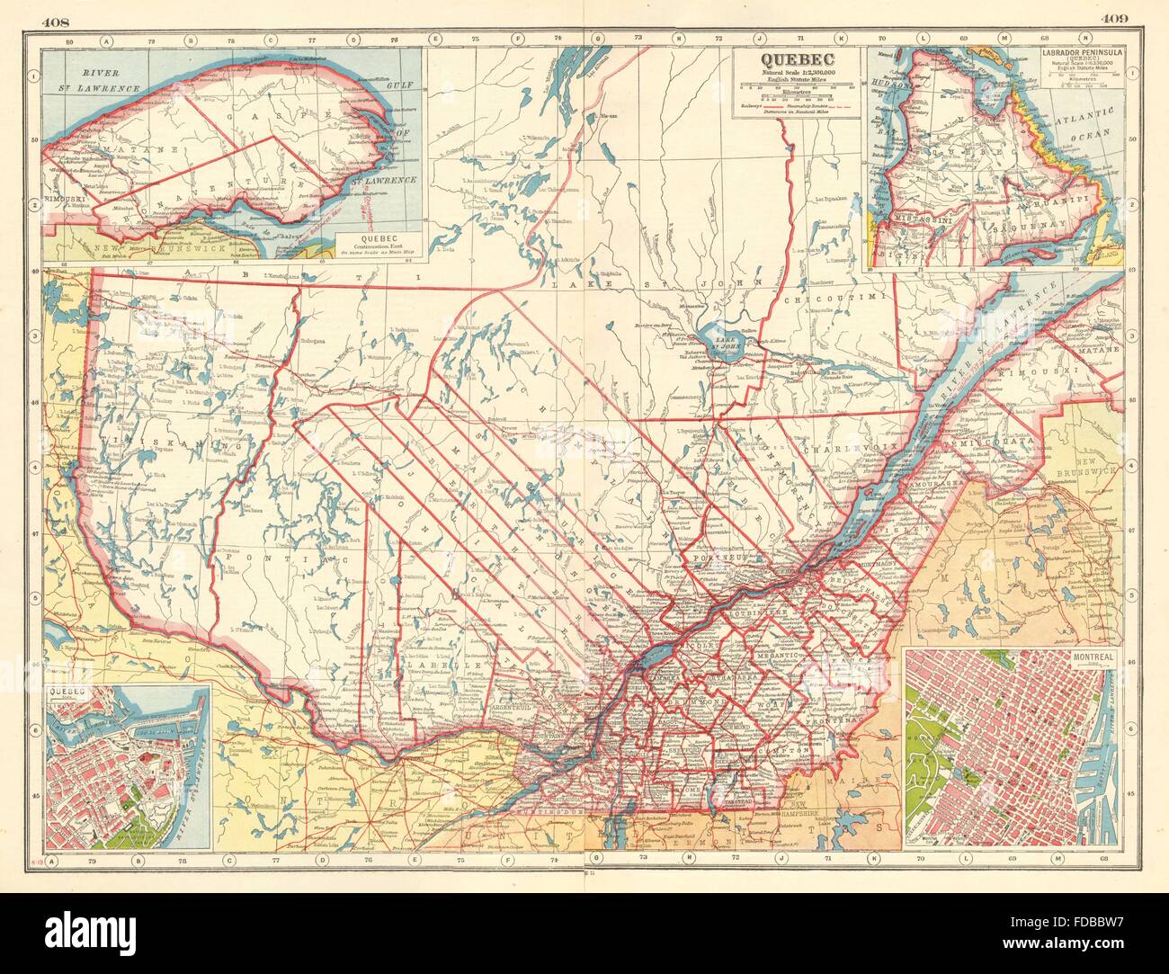 QUEBEC QUÉBEC: Showing counties. Inset plans of Quebec City & Montreal ...