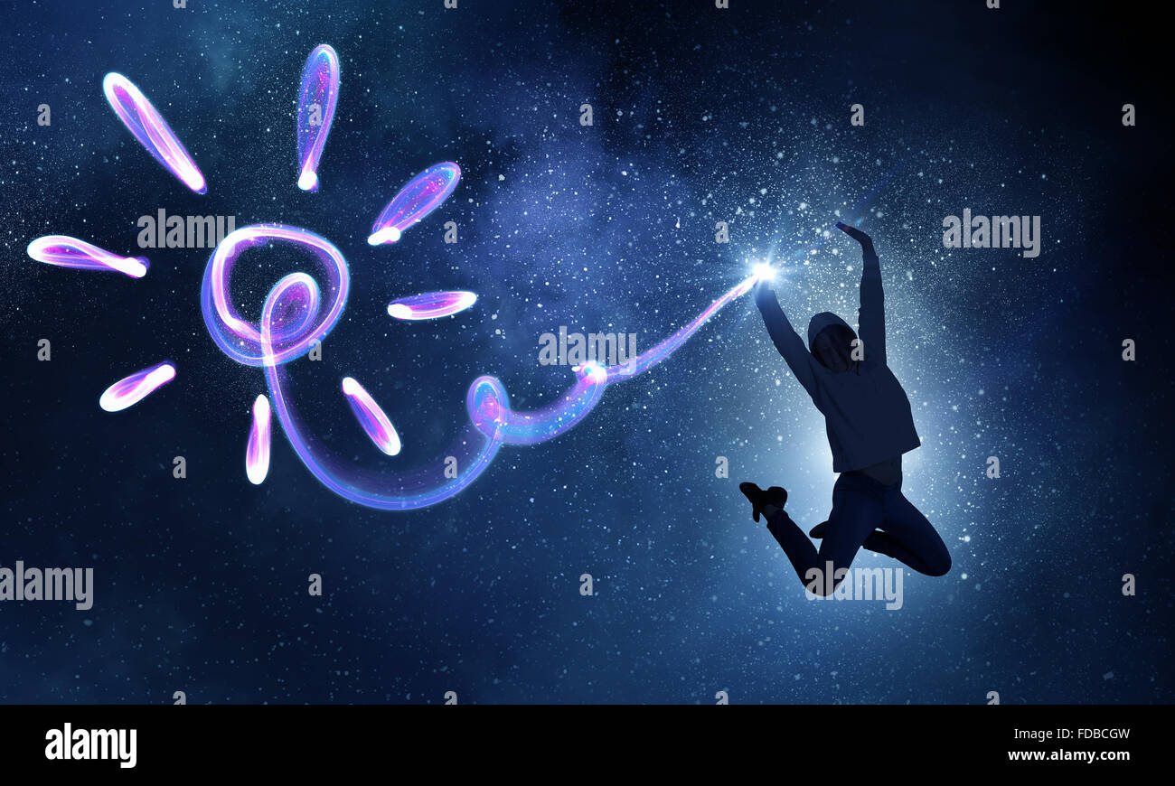 Young girl jumping high in sky representing happiness concept Stock ...