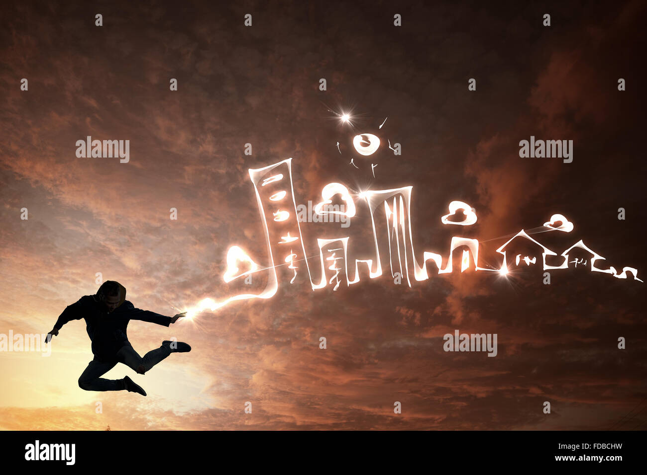Young man jumping high in sky representing youth concept Stock Photo ...