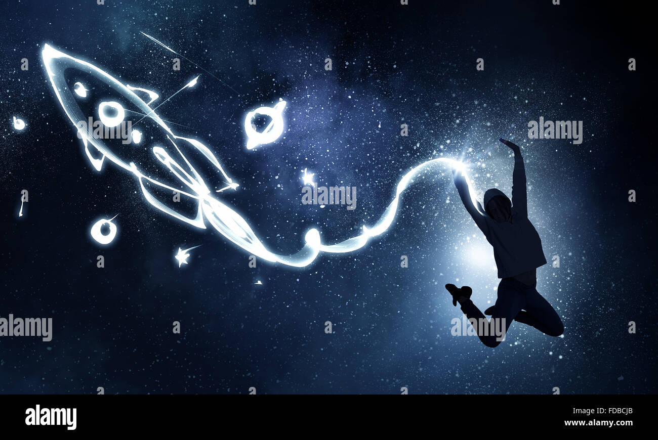 Young girl jumping high in sky representing youth concept Stock Photo ...