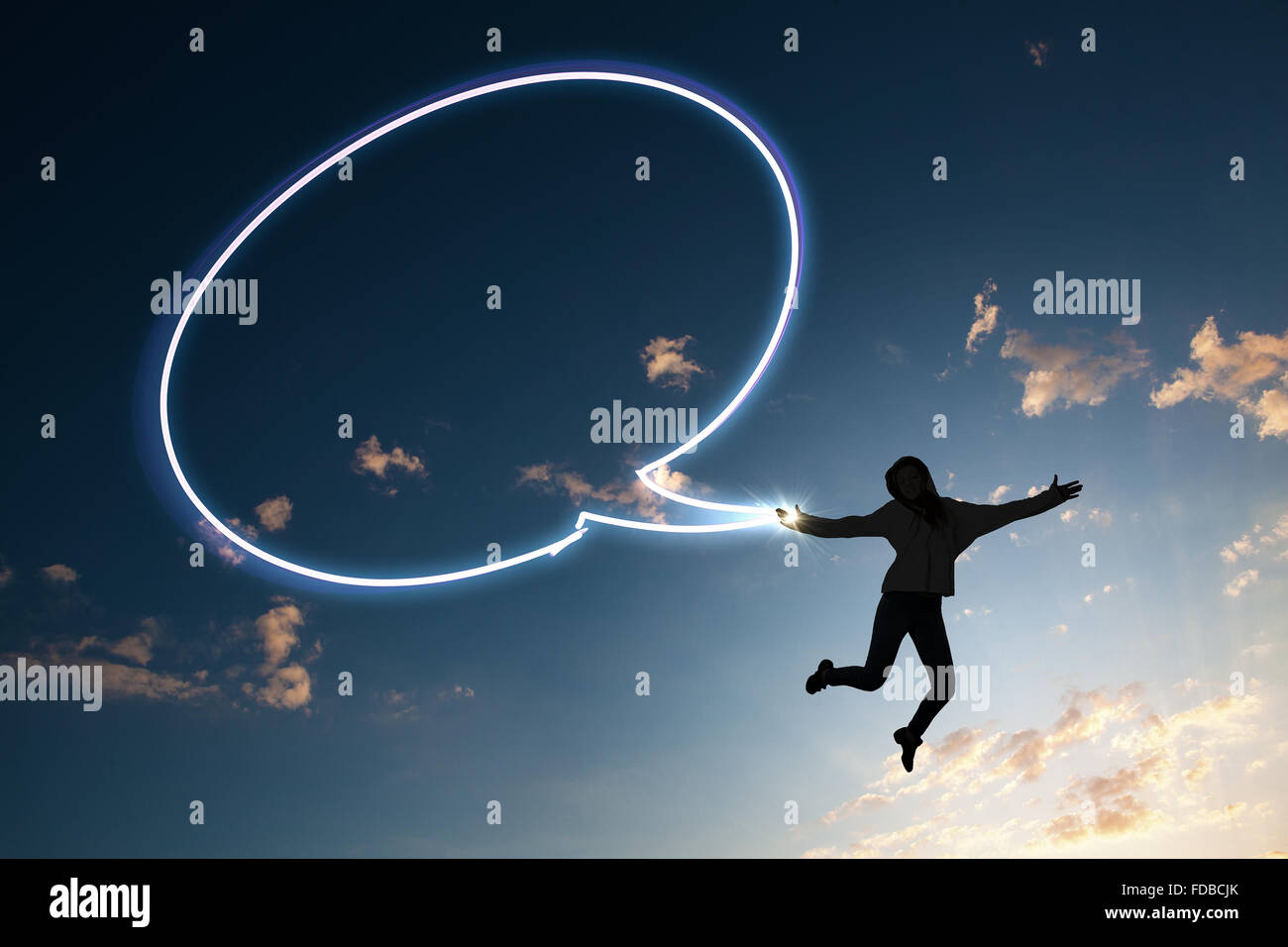 Young girl jumping high in sky representing happiness concept Stock ...