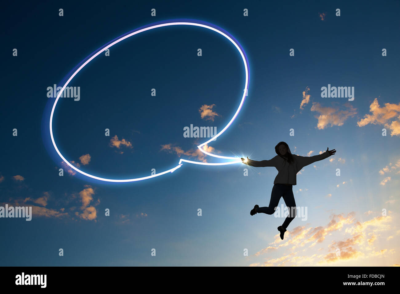 Young girl jumping high in sky representing happiness concept Stock ...