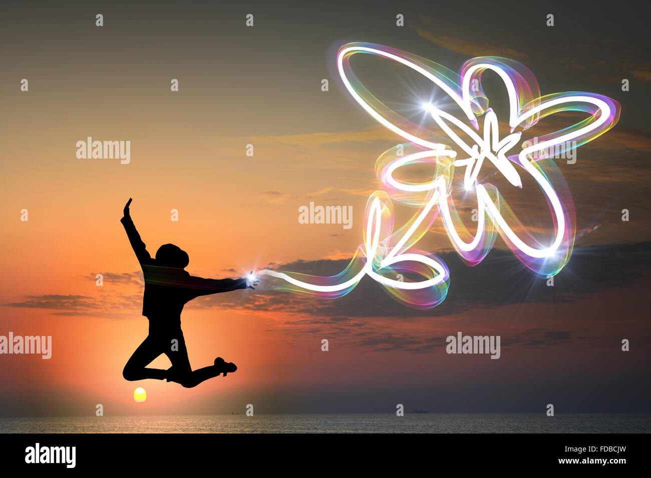 Young girl jumping high in sky representing happiness concept Stock ...