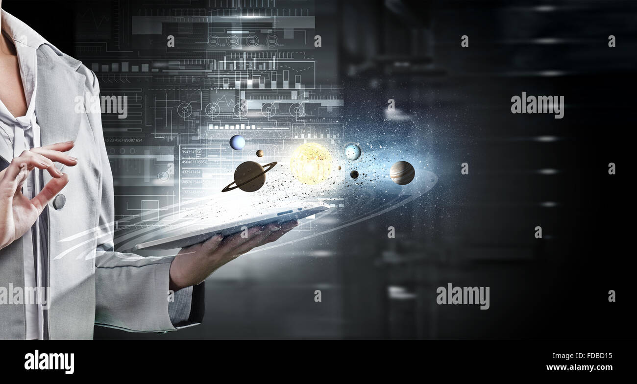 Businesswoman pushing with finger icon on virtual screen Stock Photo ...