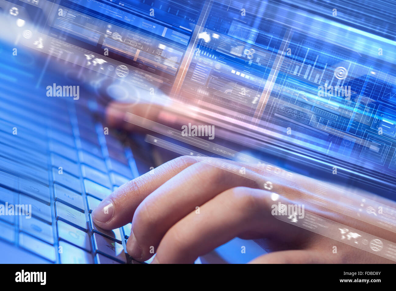 Male hands typing on keyboard over digital background Stock Photo - Alamy