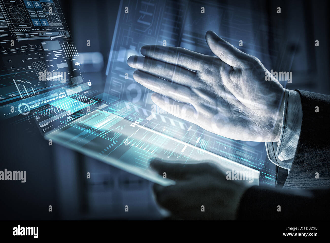 Businessman using tablet over virtual interface background Stock Photo ...