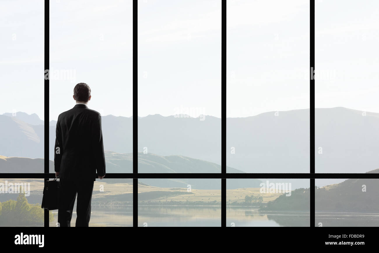 Back view of businessman looking in office window Stock Photo - Alamy