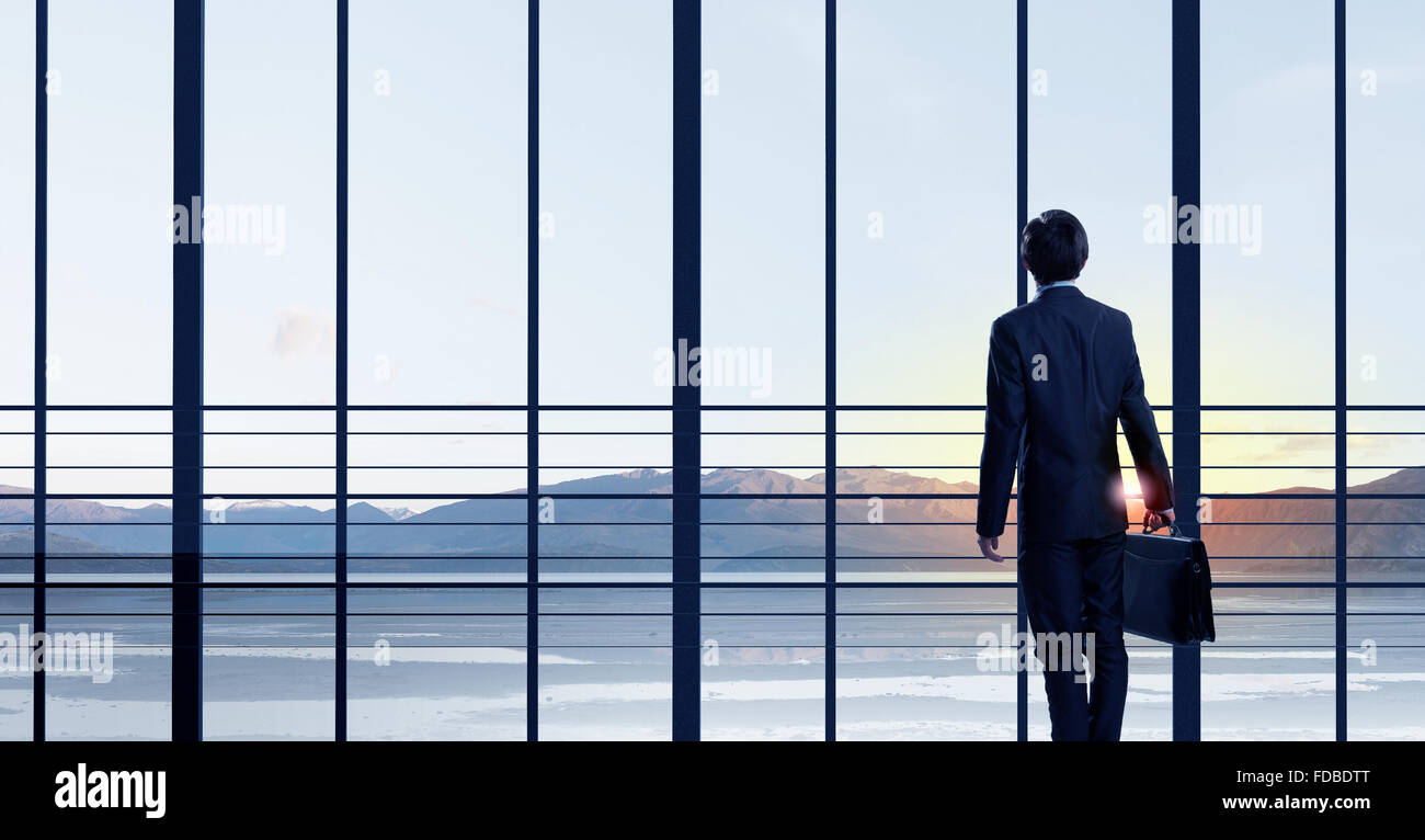 Back view of businessman looking on sunrise in office window Stock ...