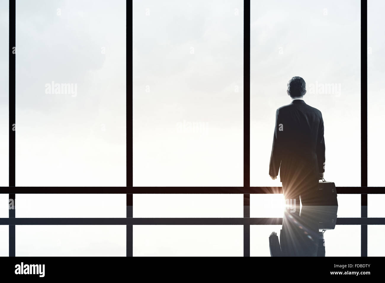 Back view of businessman looking on sunrise in office window Stock ...
