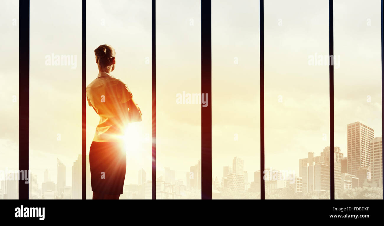 Back view of businesswoman looking on sunrise in office window Stock ...