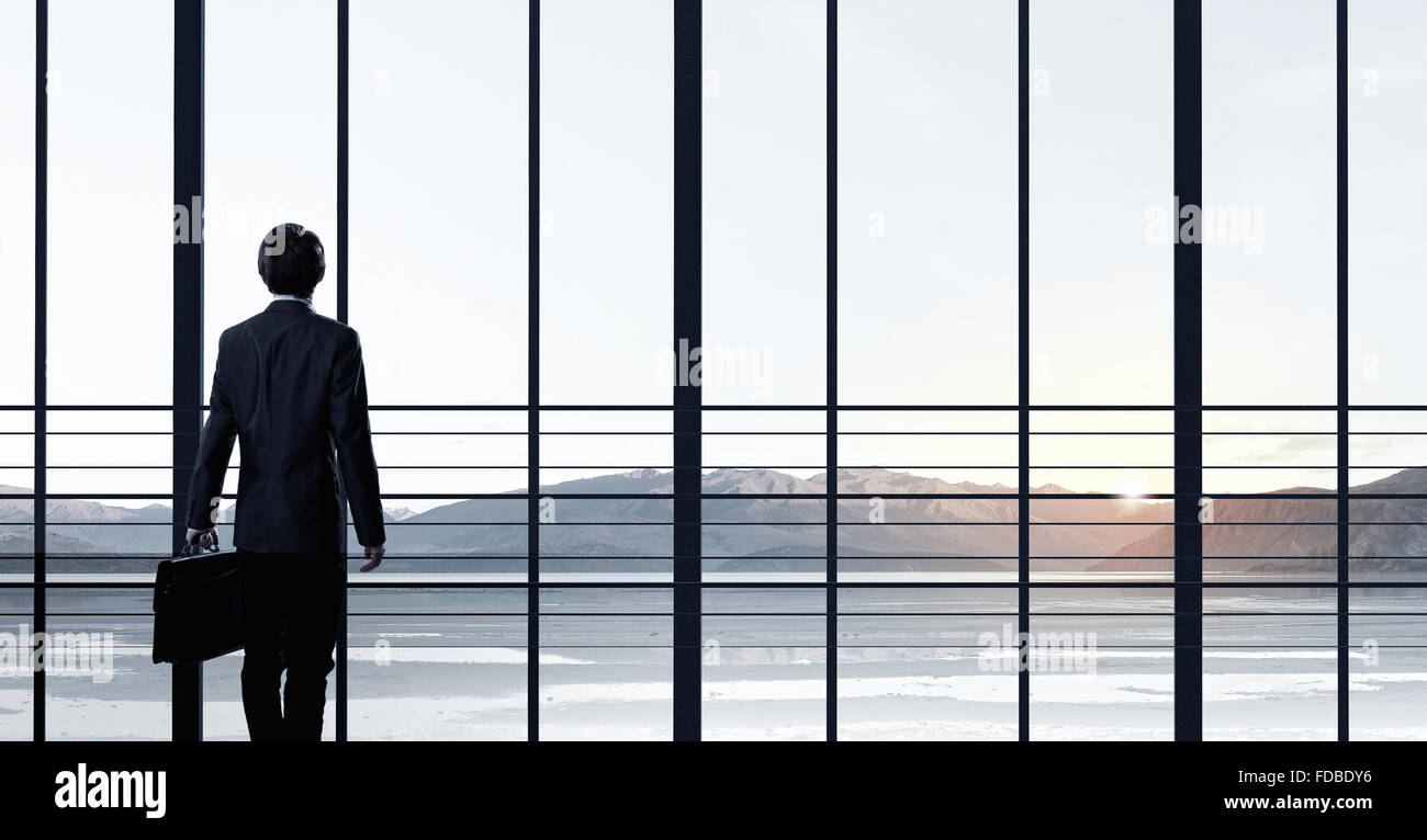 Back view of businessman looking on sunrise in office window Stock ...