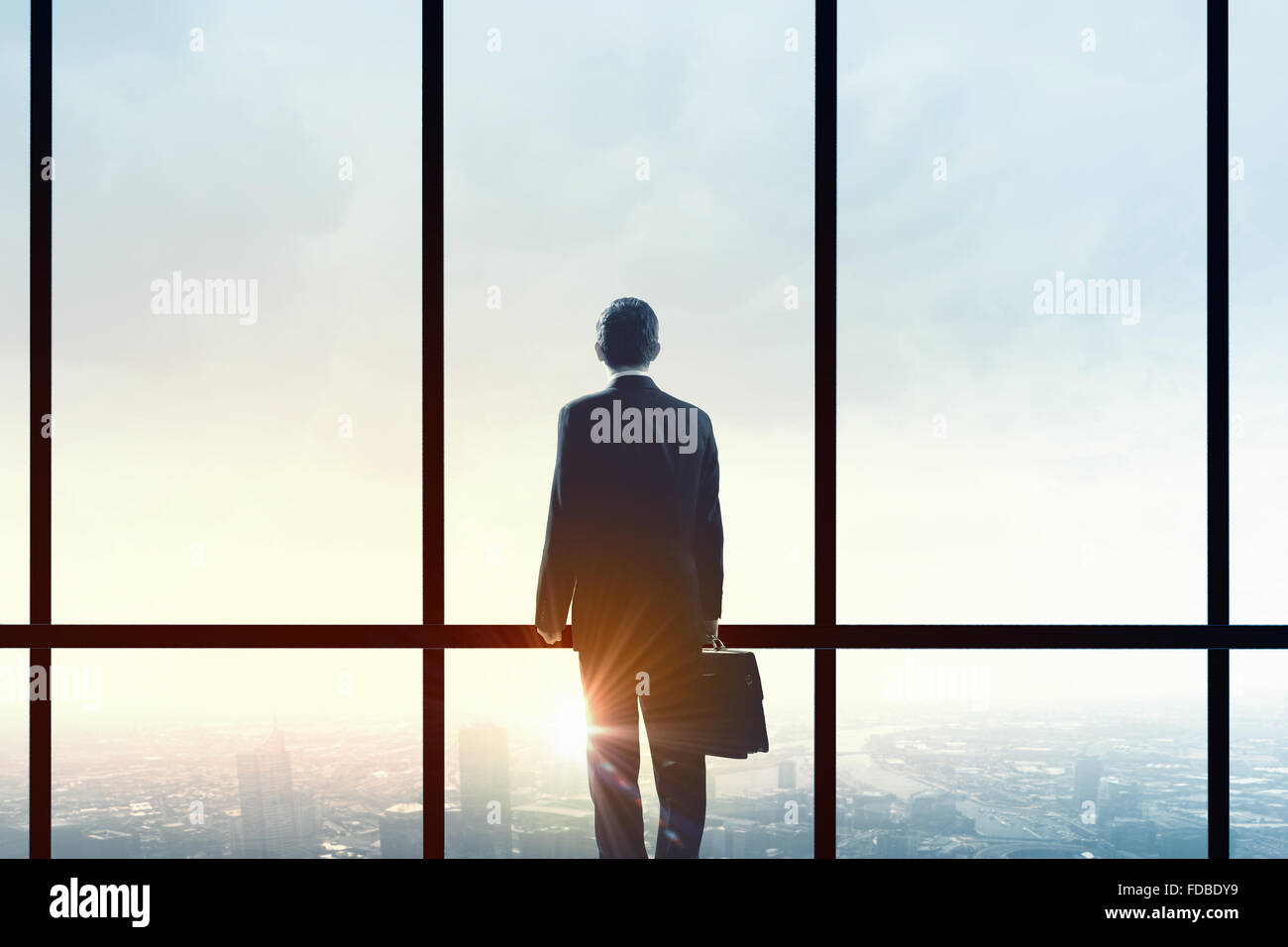 Back view of businessman looking on sunrise in office window Stock ...