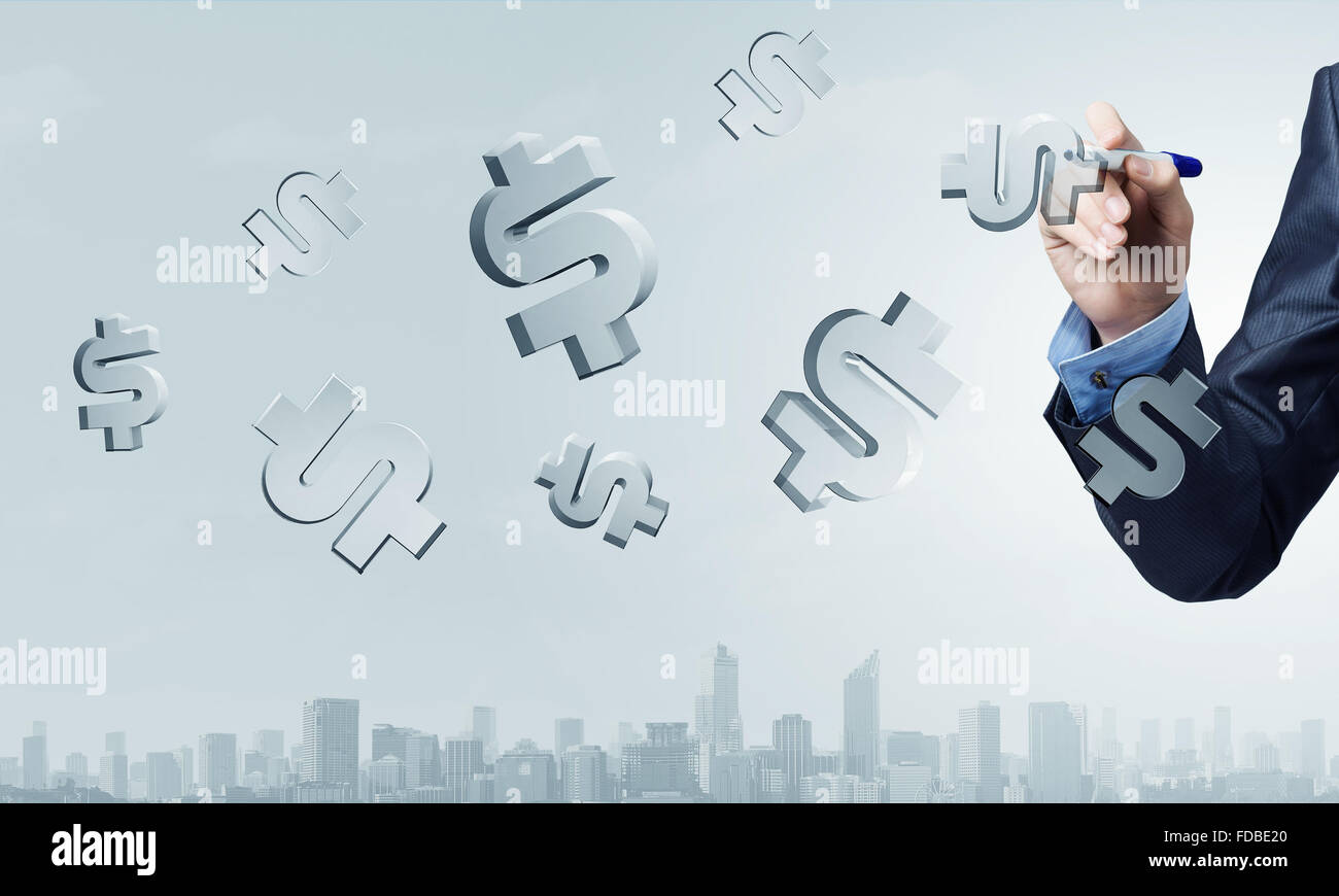 Businessman selecting with marker glass dollar sign on screen Stock ...