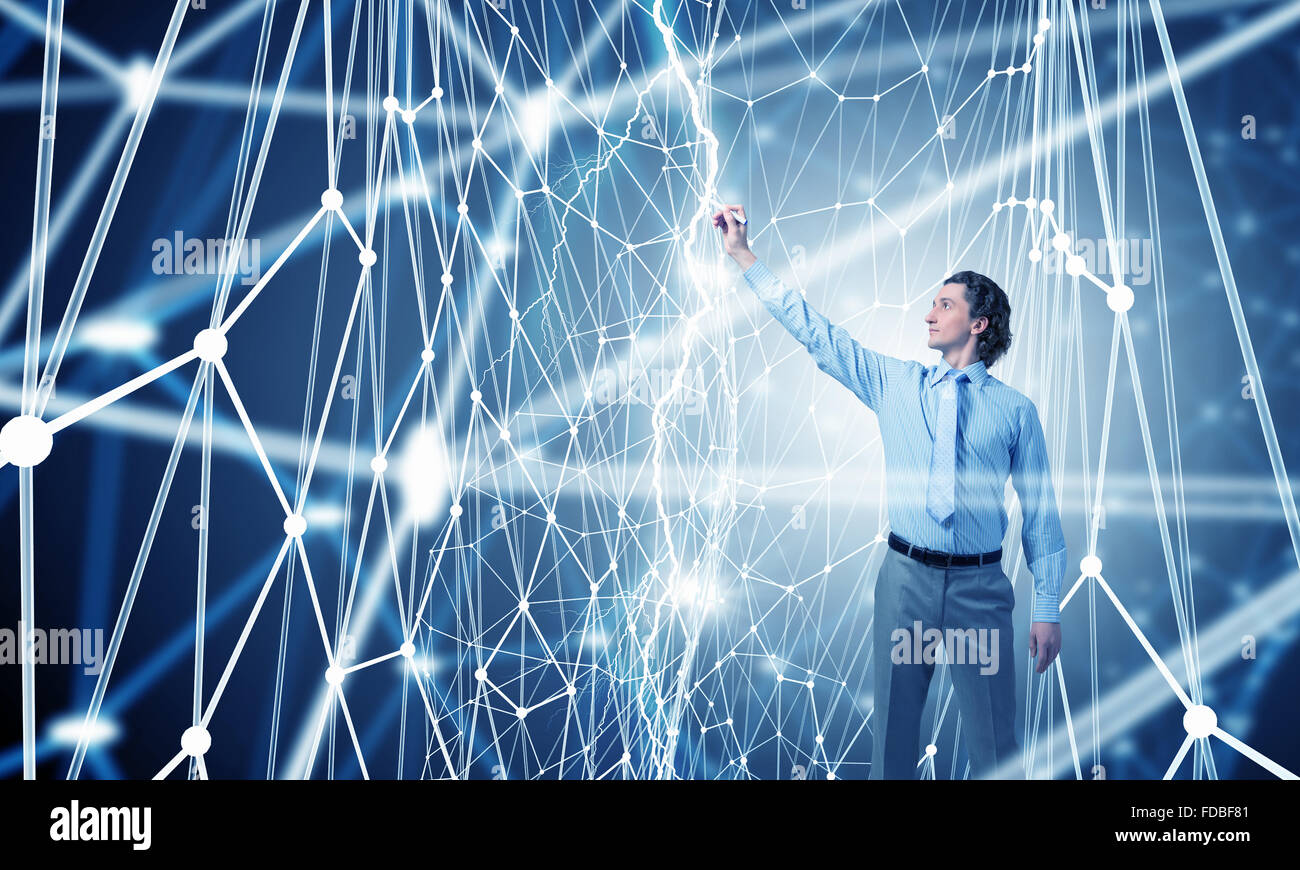 Businessman drawing connection lines with marker on screen Stock Photo ...