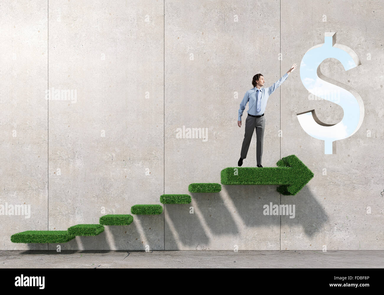 Businessman standing on graph and reaching hand to touch dollar sign ...