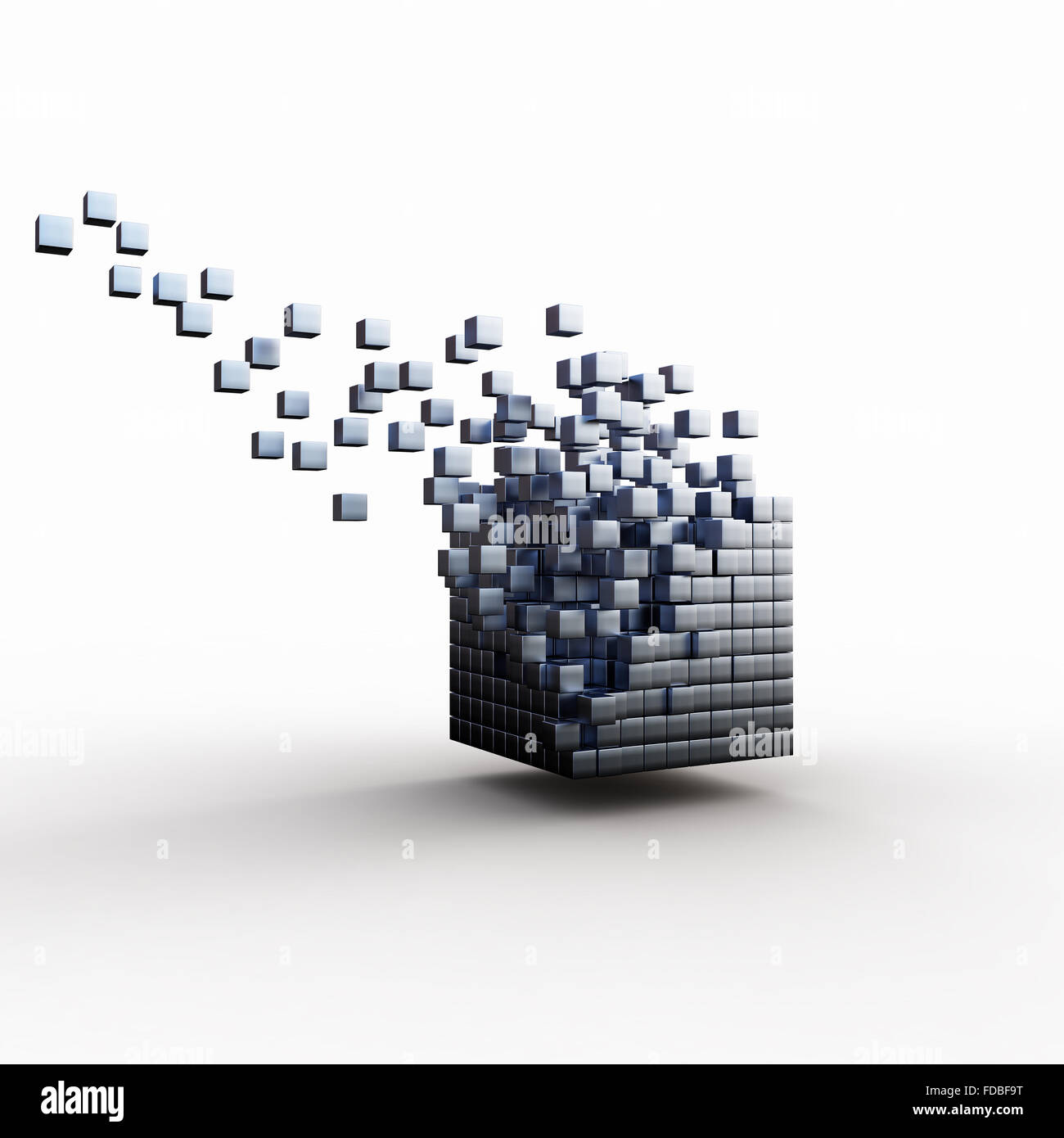 Futuristic concept with disintegrating cube on white background Stock ...