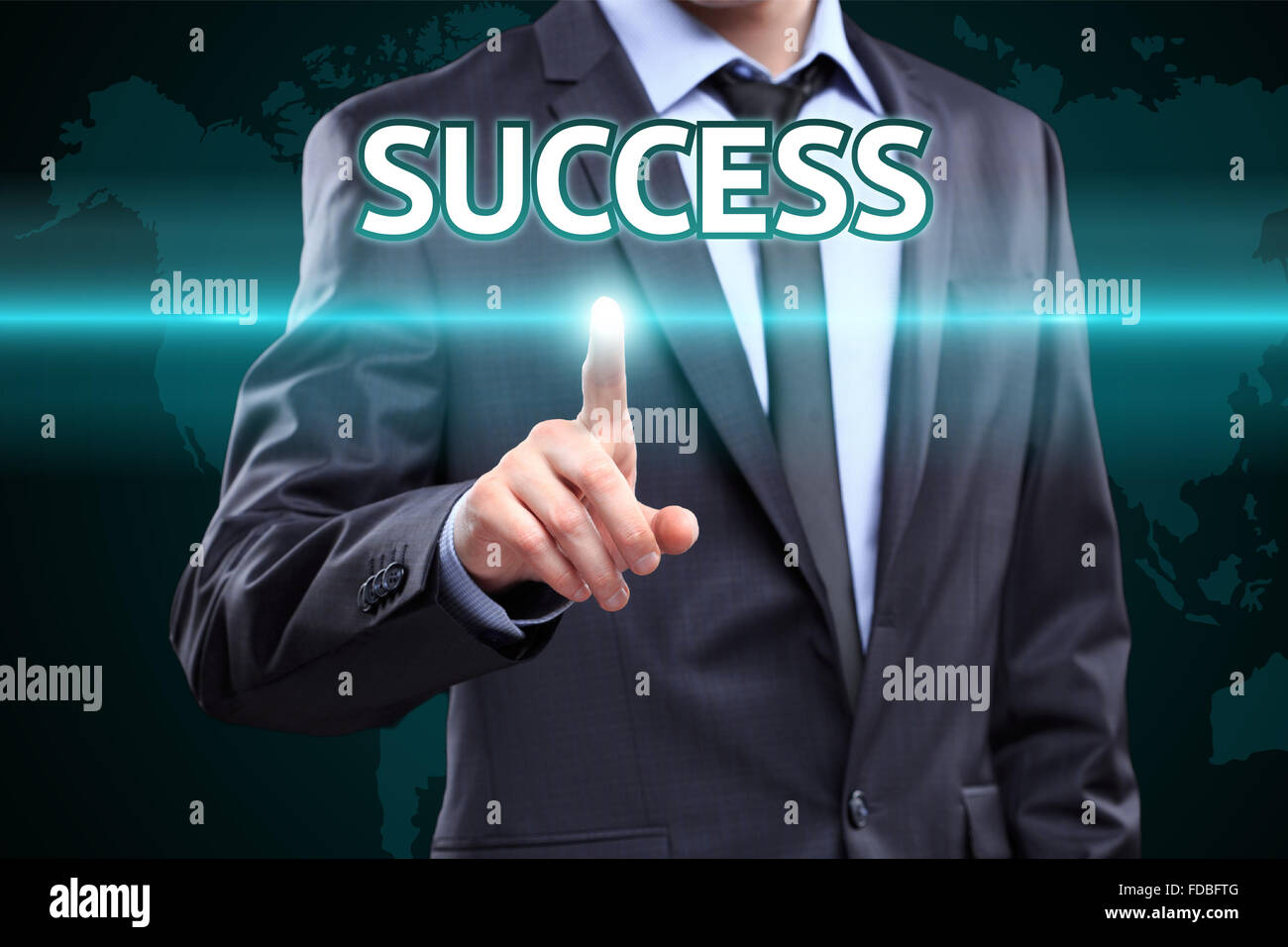 businessman hand pushing success button on a touch screen interface ...