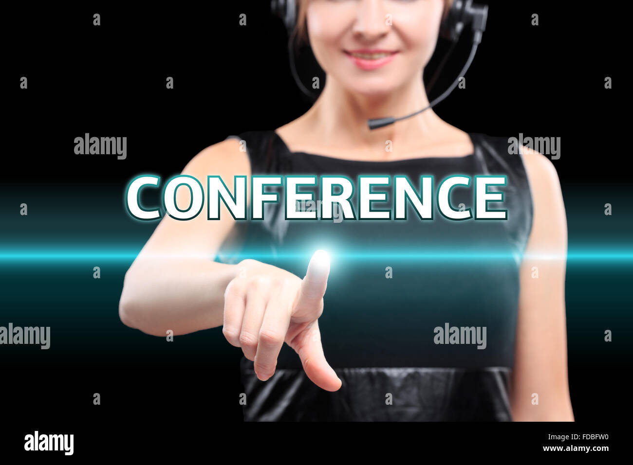 businesswoman, Focus on hand pressing conference button. virtual ...
