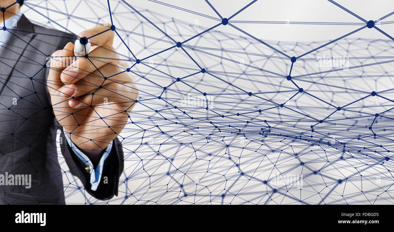 Businessman hand drawing digital connection lines on virtual screen ...
