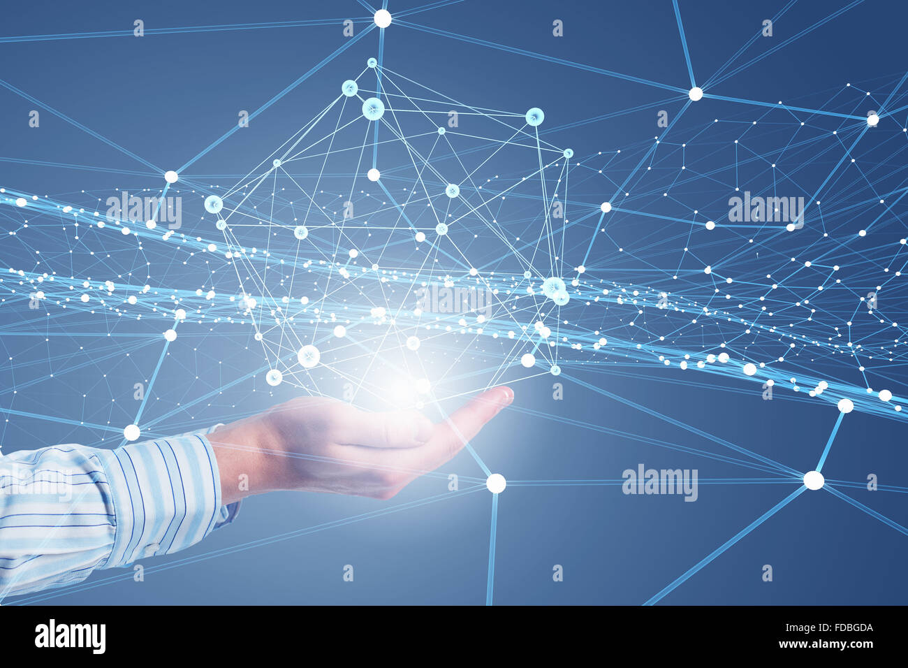 Businessman hand showing digital connection lines on virtual screen ...