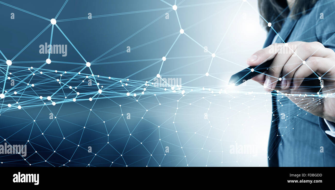 Businesswoman hand drawing digital connection lines on virtual screen ...