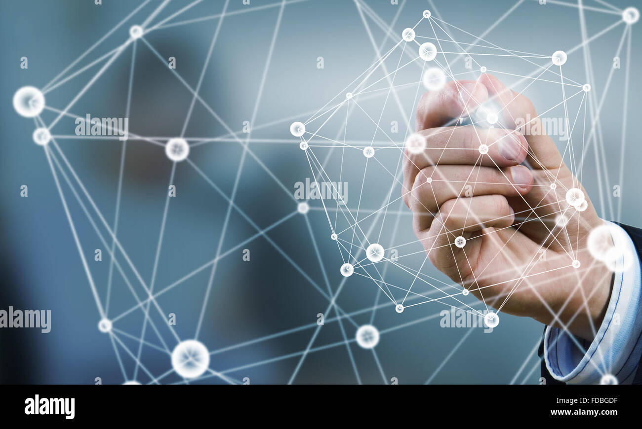 Businessman hand drawing digital connection lines on virtual screen ...