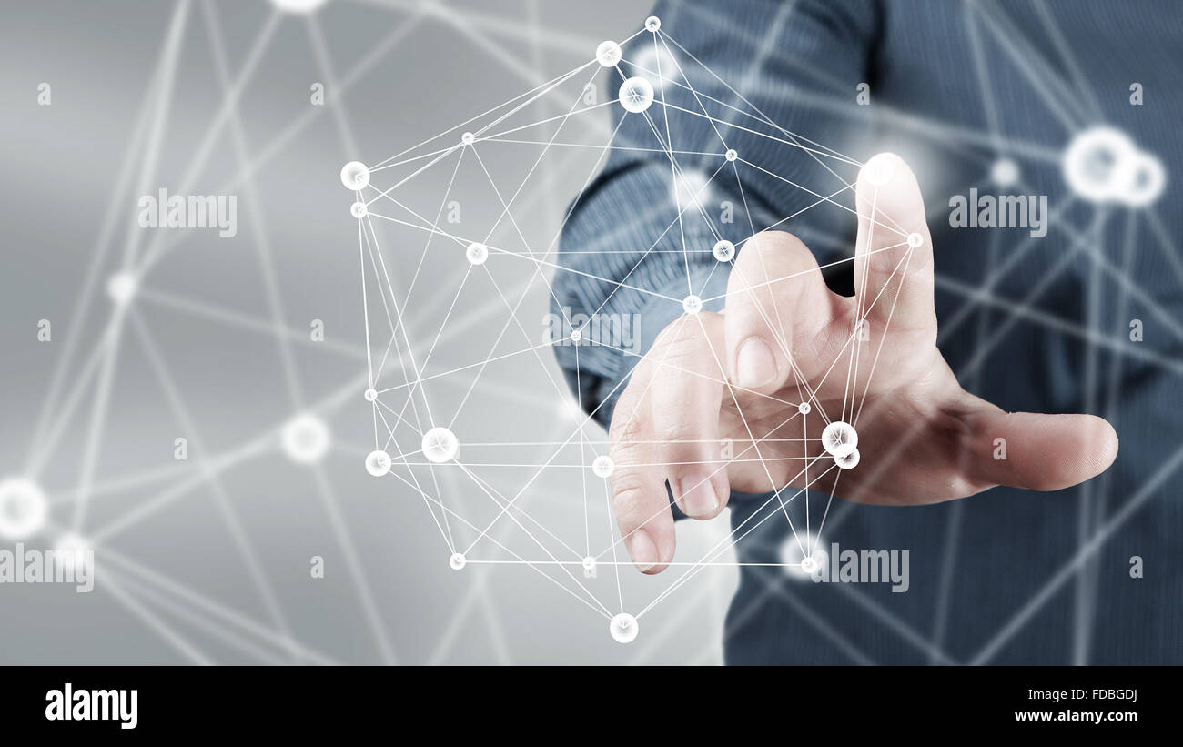 Businessman hand touching with finger digital connection lines on ...